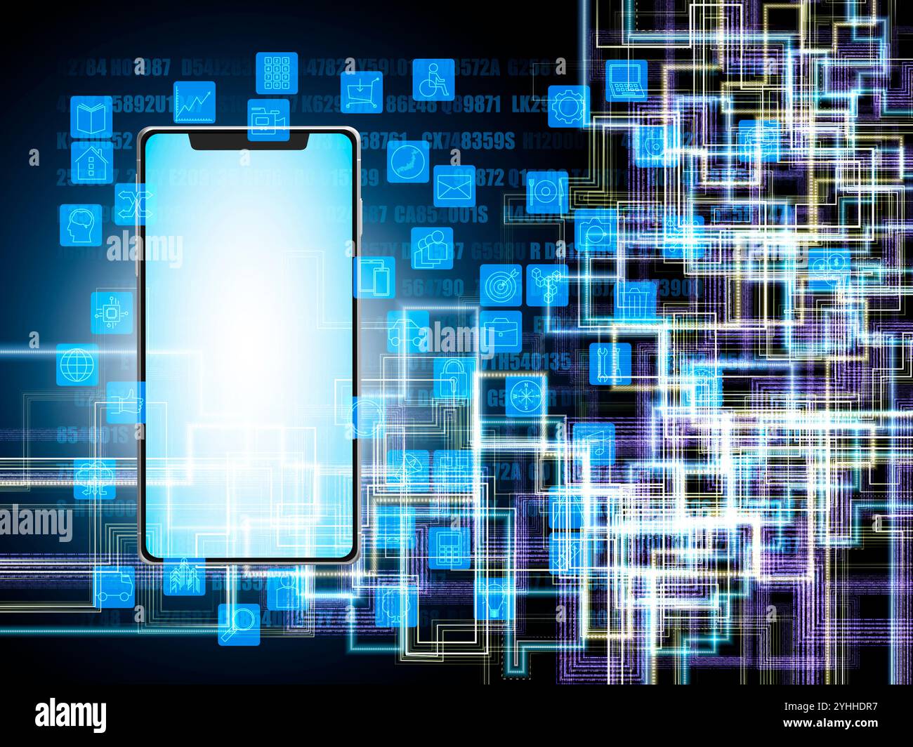 Smartphone and a cluster of circuits and content icons intermingled ...