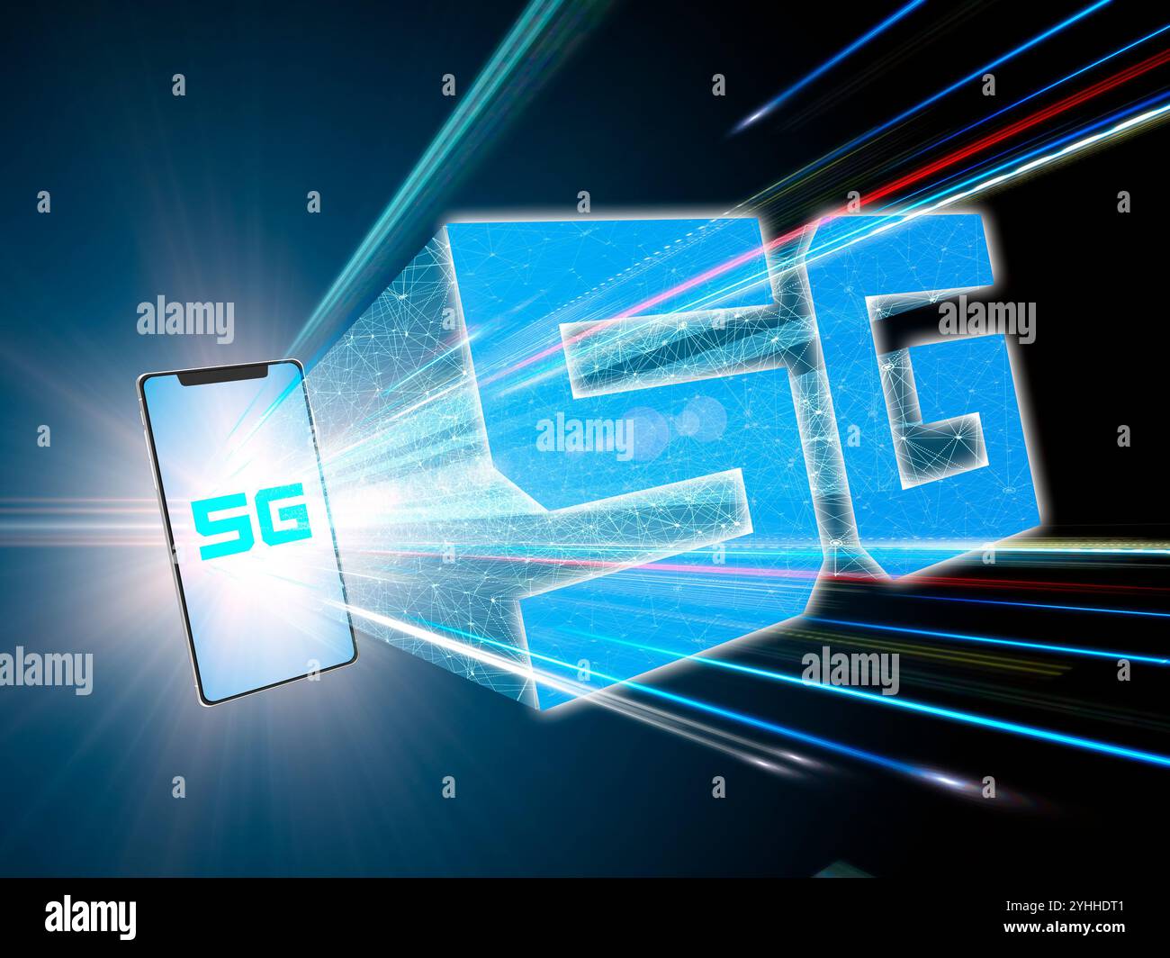 Next generation communication standard 5G text pops out of a smartphone ...