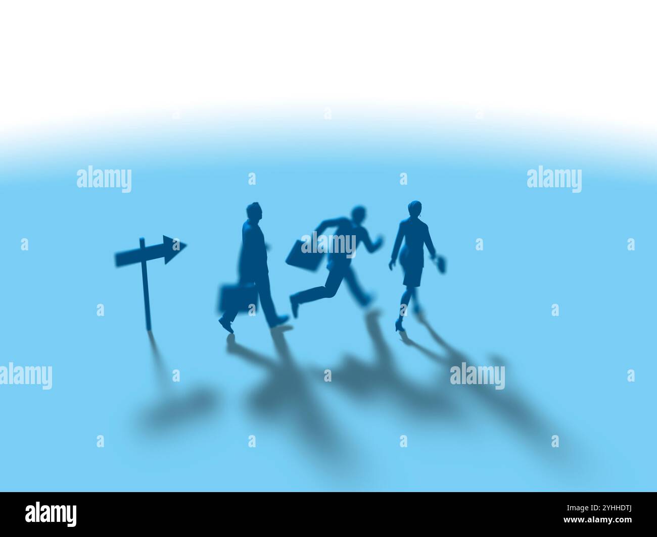 Three business men and women following directions with arrows Stock ...