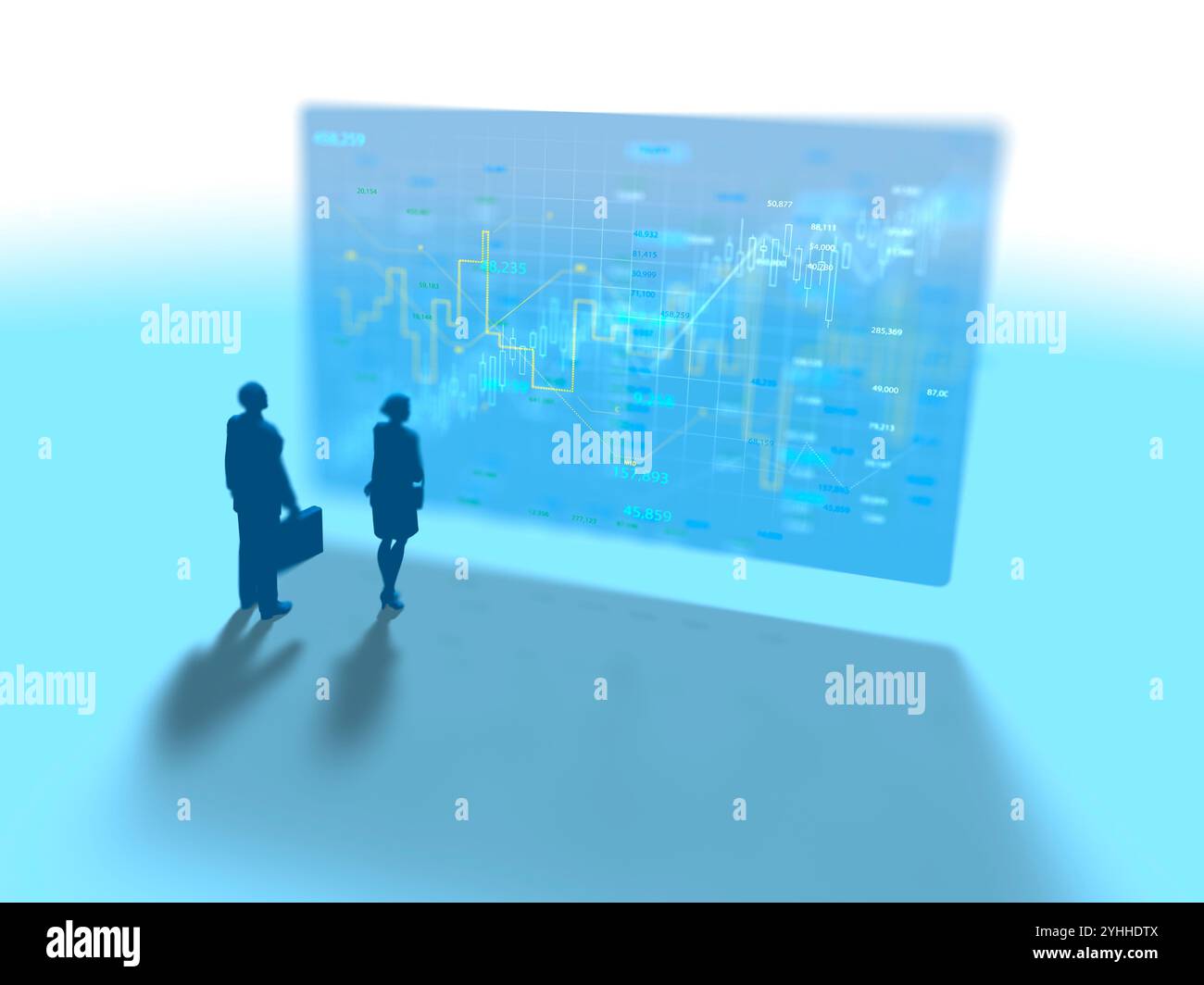 Two business men and a woman looking at GUI panel showing stock price ...