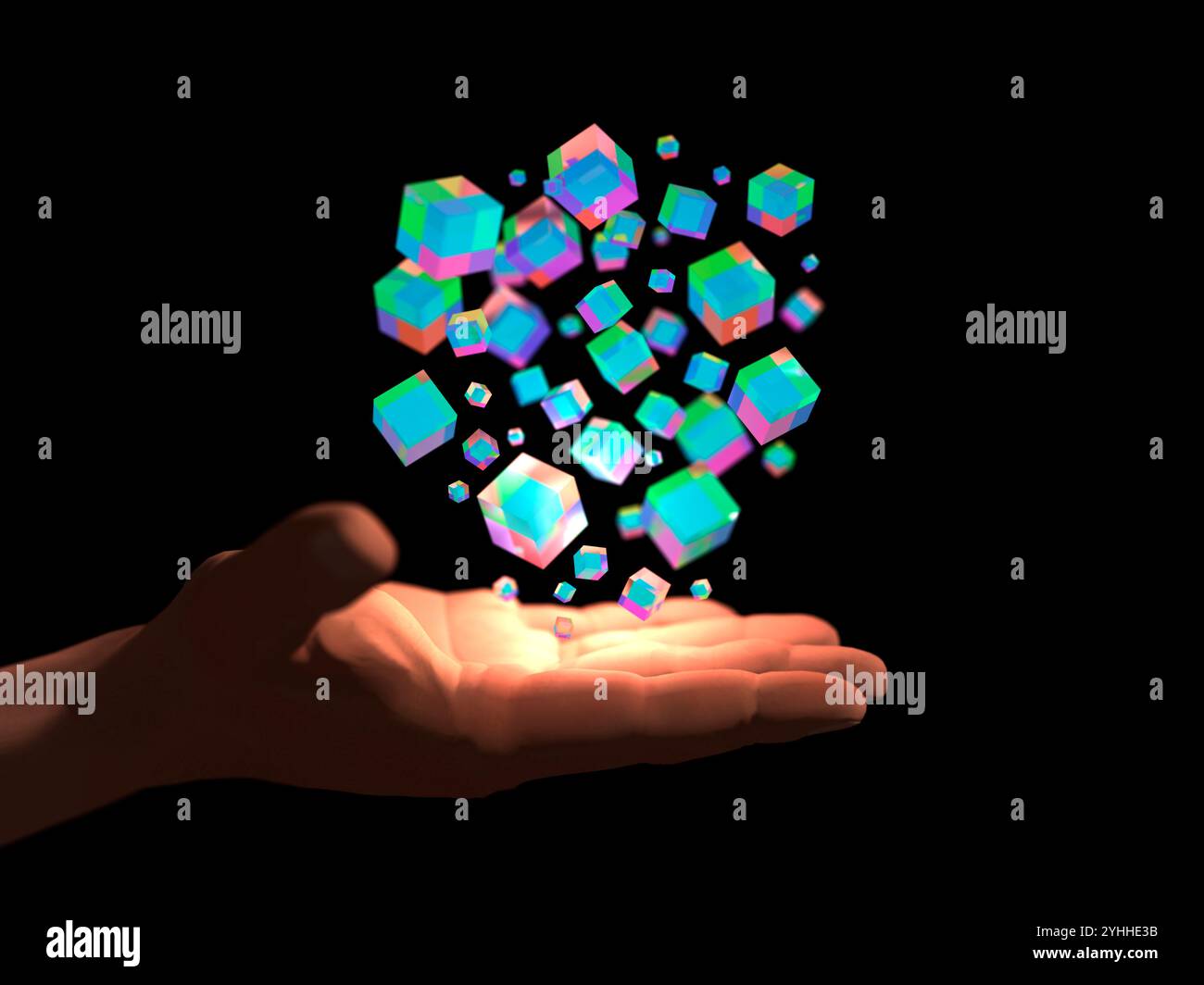 Mass of semi-transparent colourful blocks floating on palm Stock Photo ...