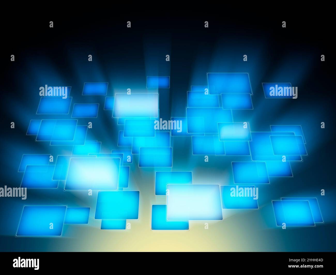 Radiant light and a group of monitor screens floating in space Stock ...