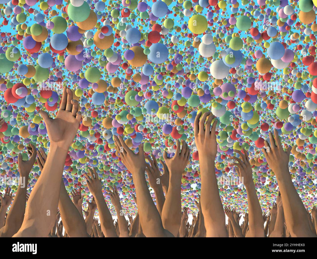 Crowds reaching overhead for floating spheres Stock Photo - Alamy