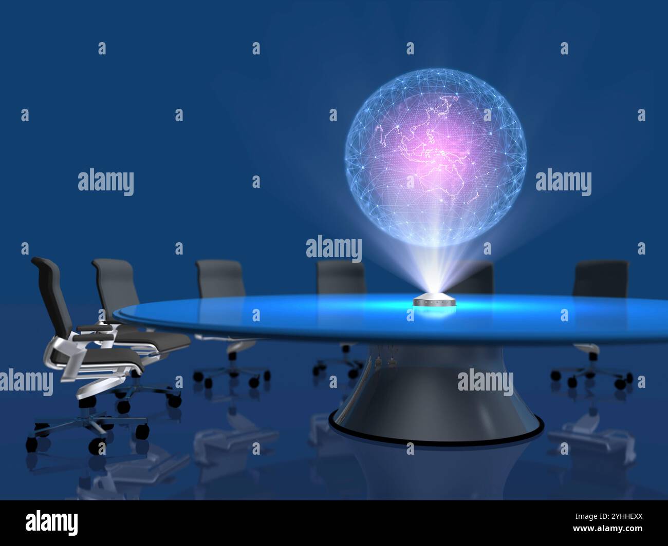 Hologram on conference table projecting globe Stock Photo - Alamy