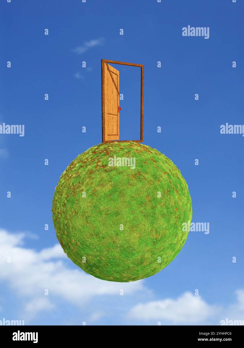 Grass sphere with a door riding on it floating in the sky Stock Photo ...