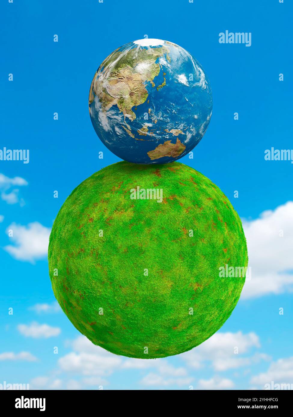 Grass sphere with earth floating in the sky Stock Photo - Alamy