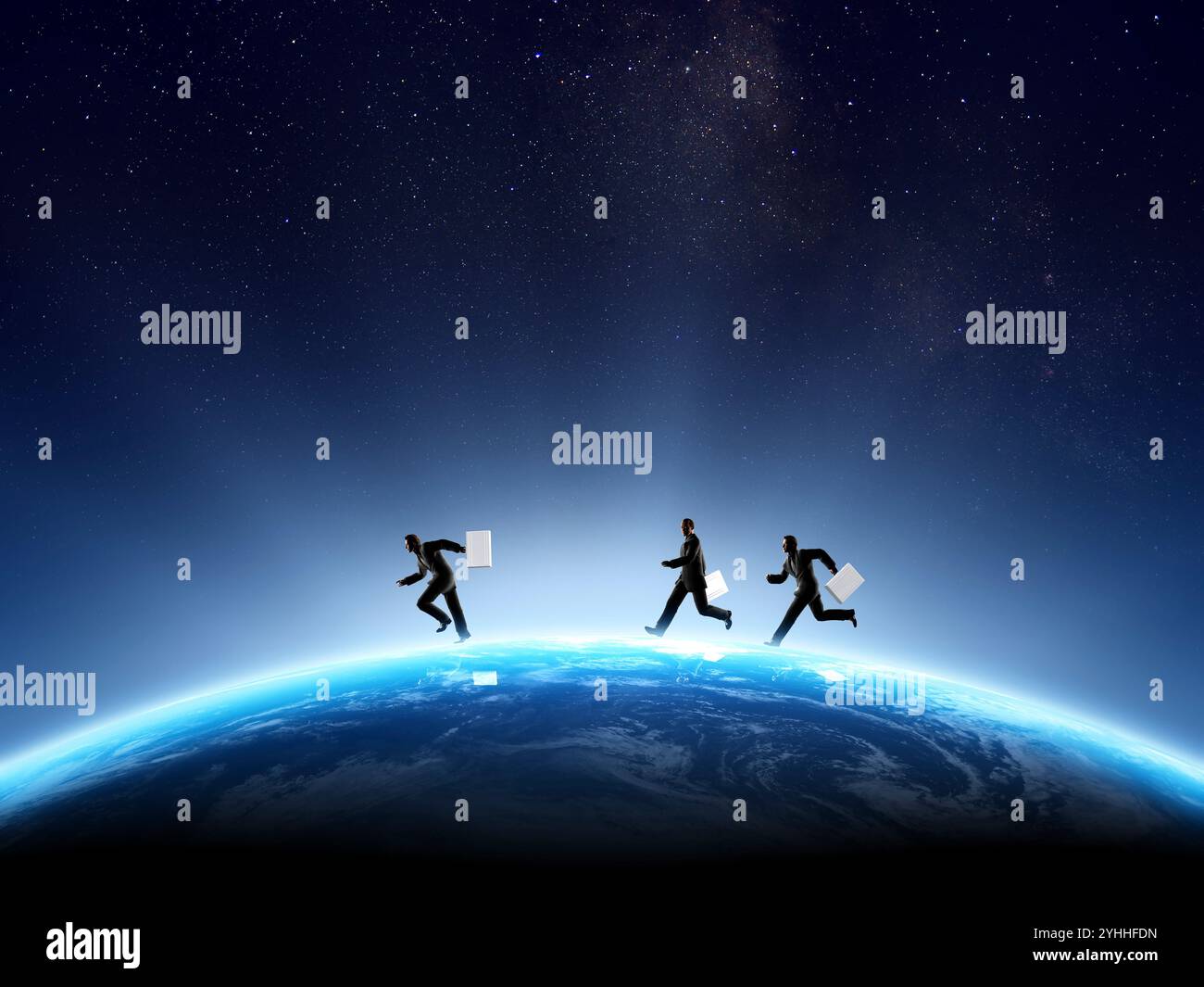 Three businessmen running on top of the earth Stock Photo - Alamy
