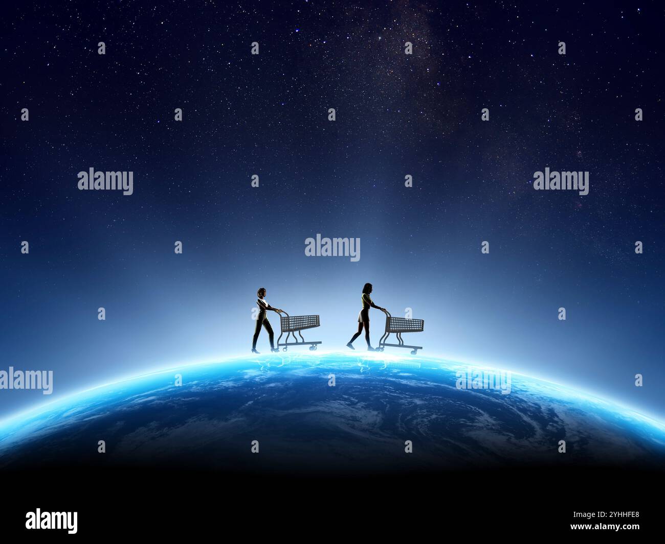 Two women pushing a cart on the Earth Stock Photo - Alamy