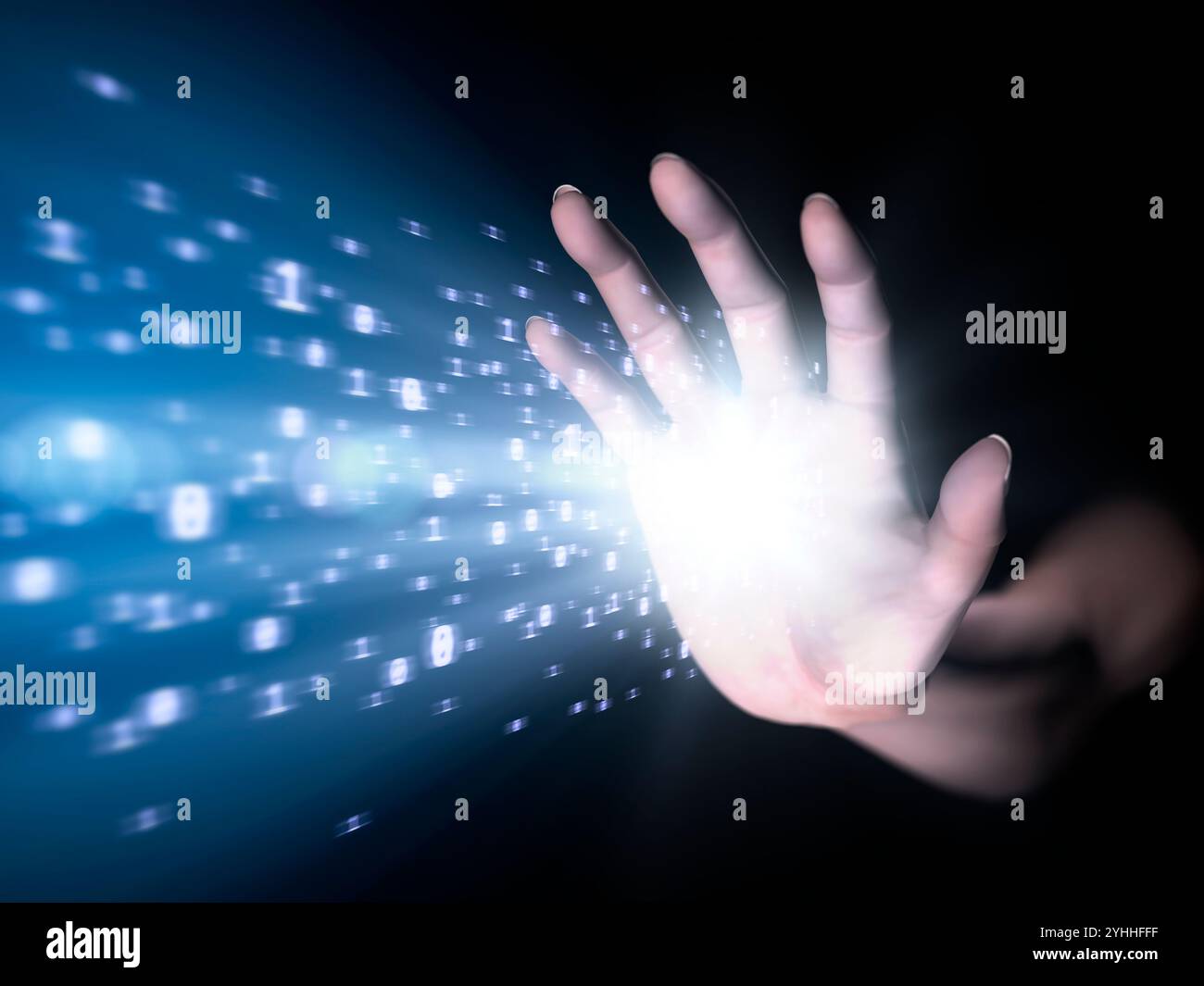 Holding hands together to release digital information Stock Photo - Alamy