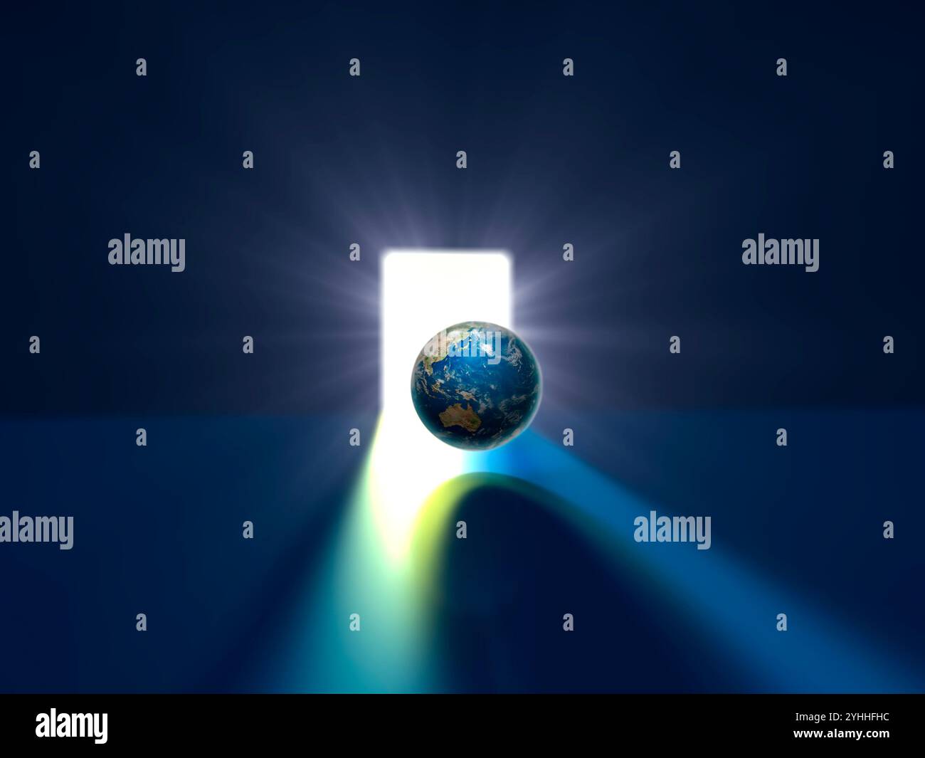 A doorway shining light and the earth floating in front of it Stock ...