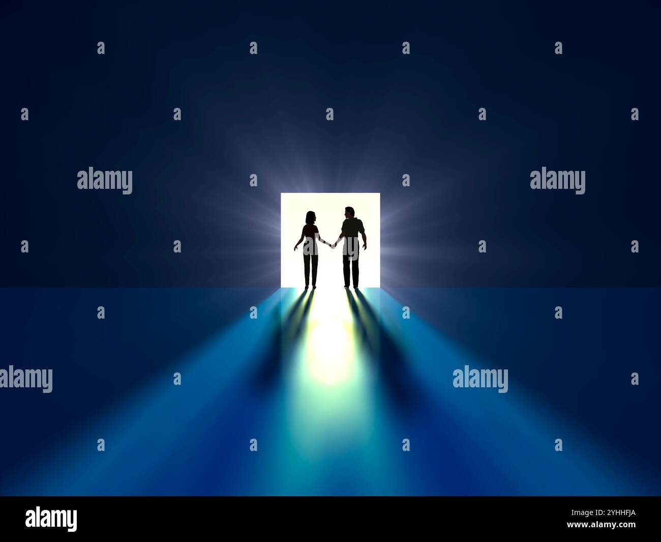 Couple standing in a doorway shining light Stock Photo - Alamy