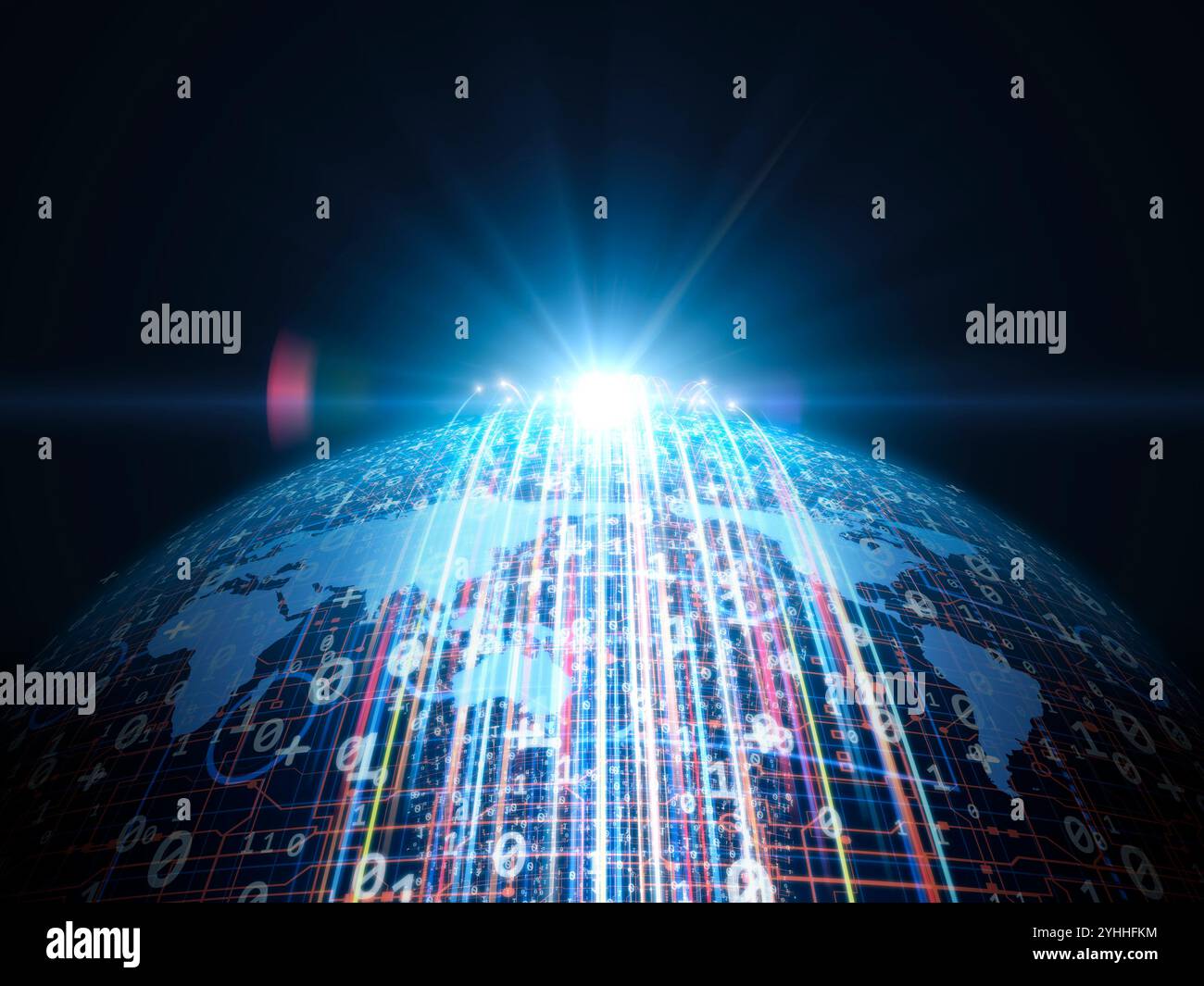 Digital data and rays of light moving through the sphere on which the ...