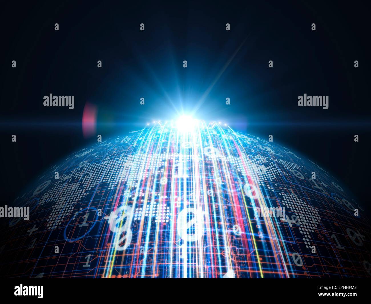 Digital data and rays of light moving through the sphere on which the ...