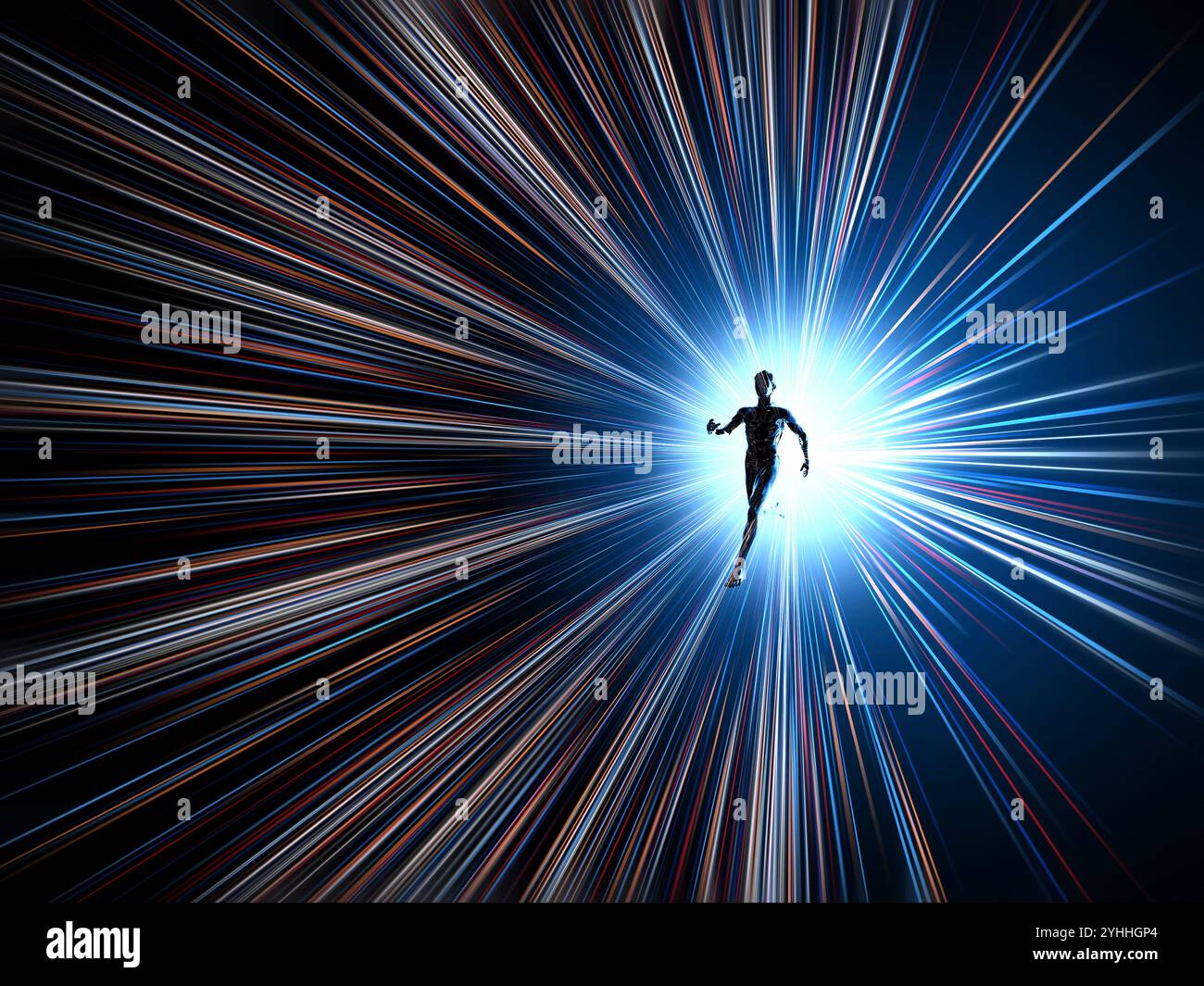 Man running in the centre of a swirling emitting beam of light Stock ...