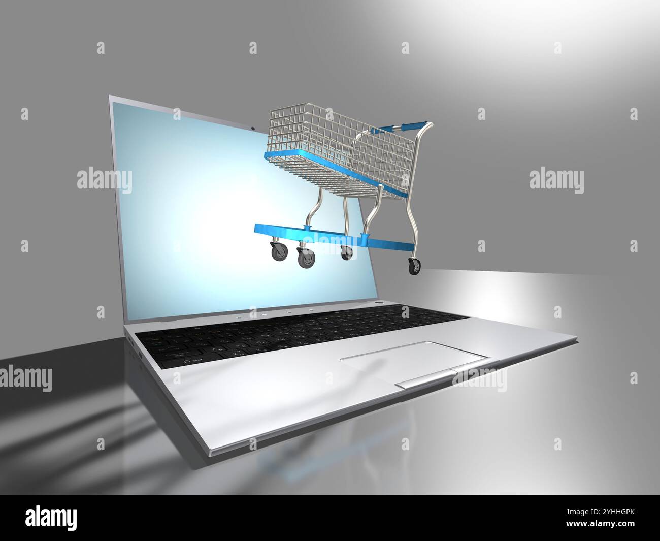 Laptop and floating shopping cart Stock Photo - Alamy