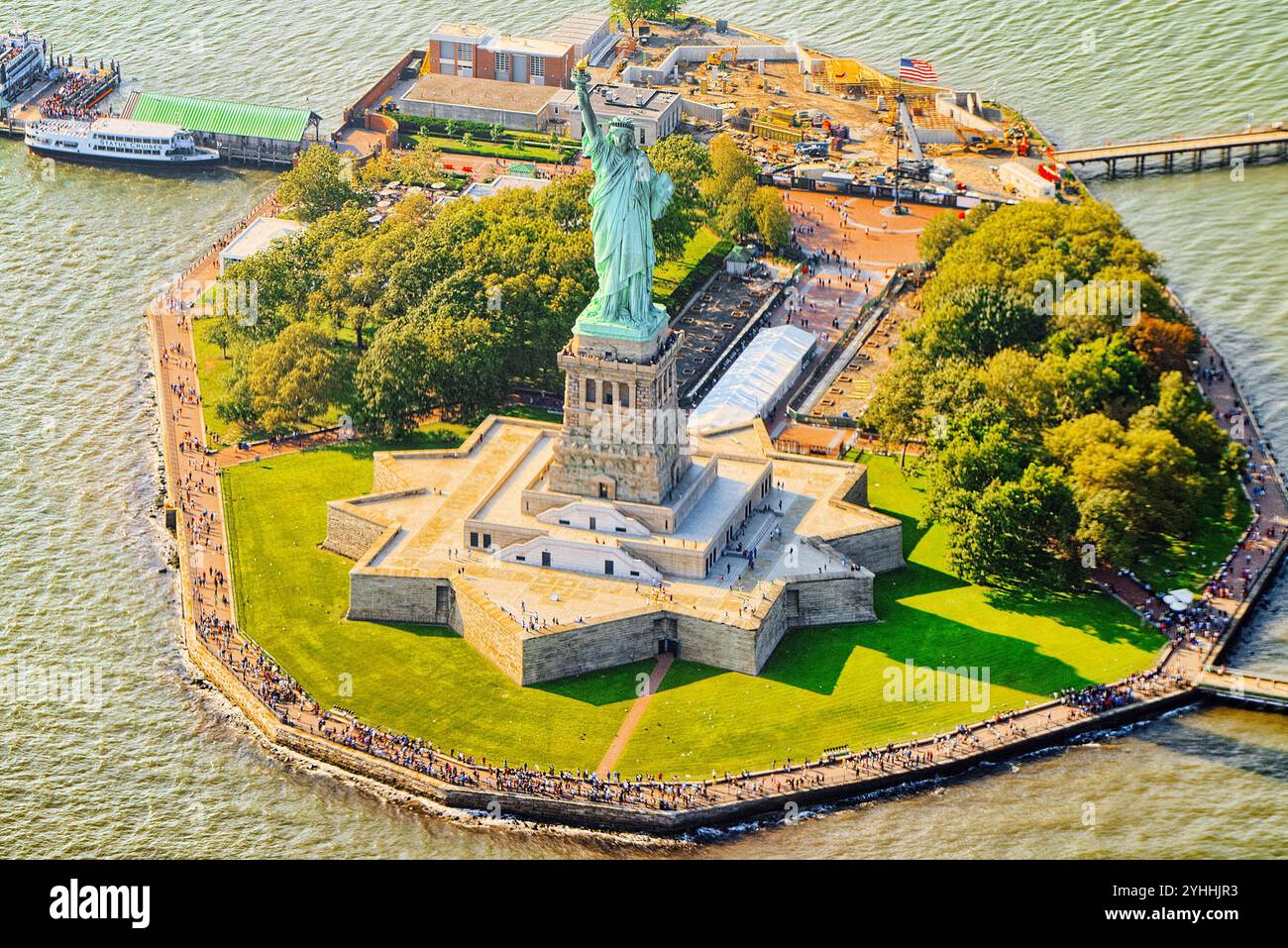Fly over, view Statue of Liberty (Liberty Enlightening the world) near ...