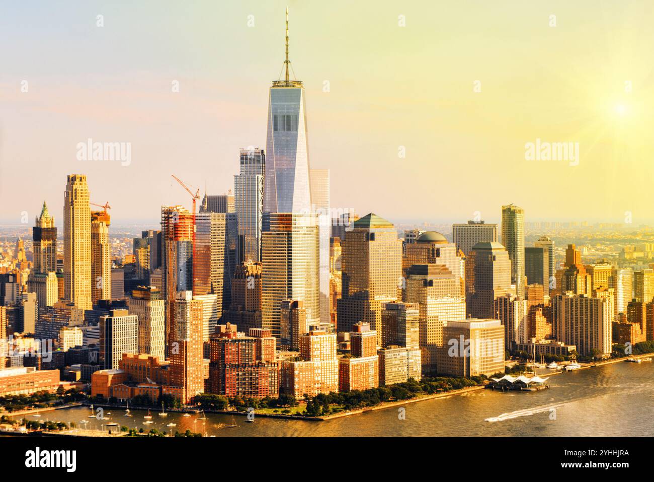 Fly over, view of New York and Lower Manhattan from a bird's eye view ...