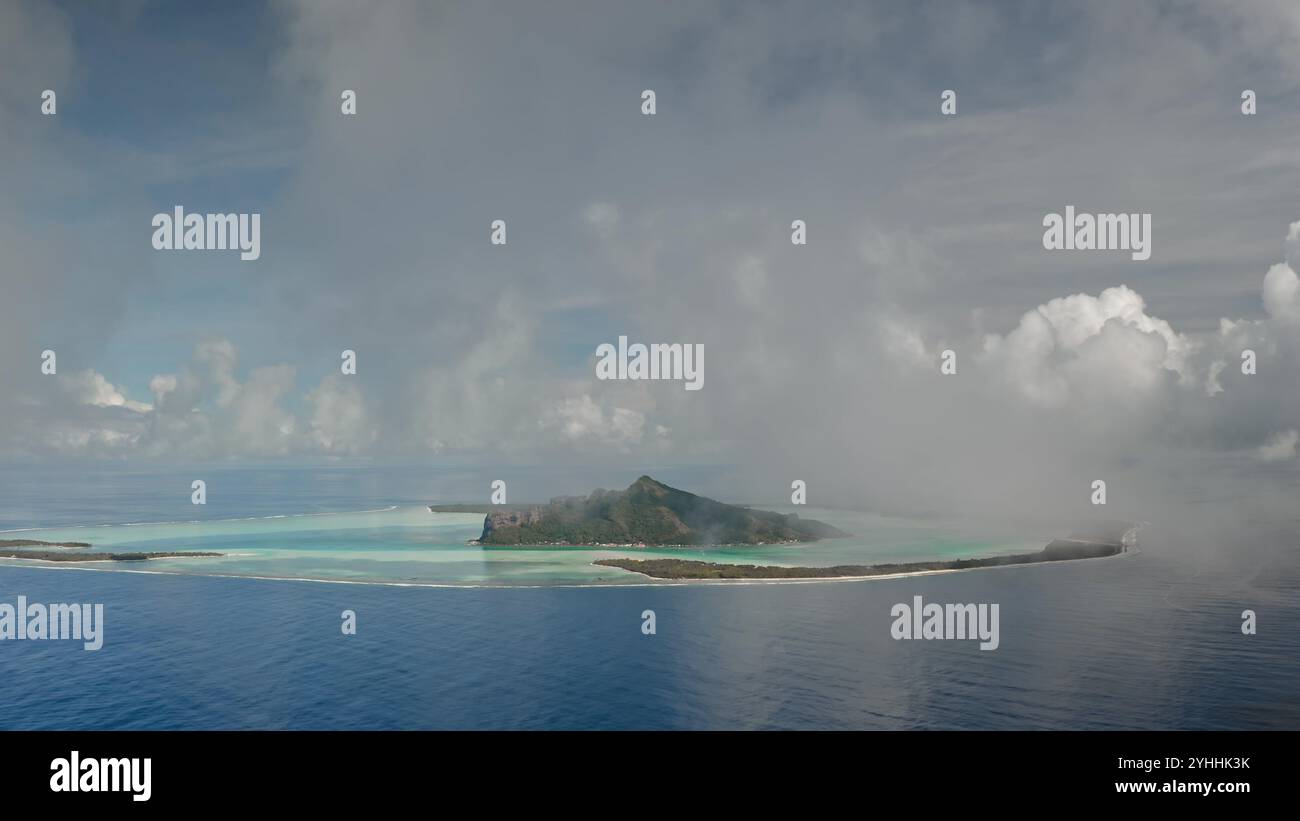 Volcanic Maupiti tropical island aerial view panorama. Long high angle ...