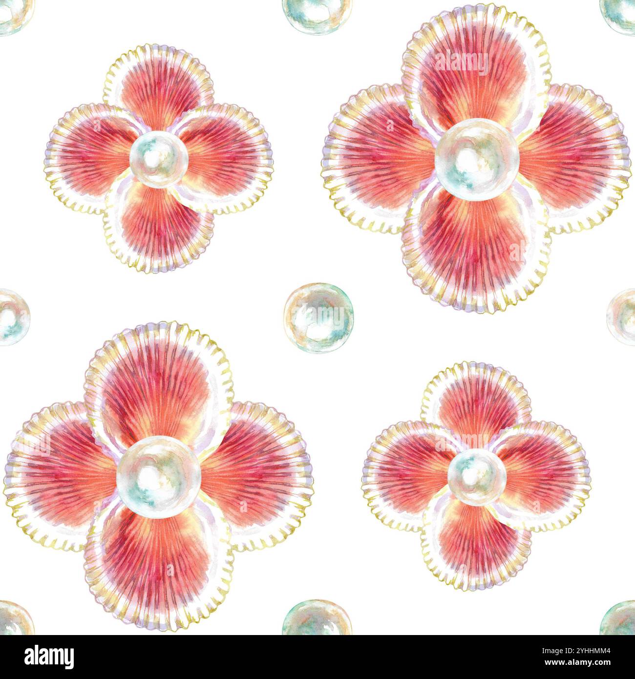 Pattern of scallop, bivalve marine mollusk, grooved shell flowers with ...