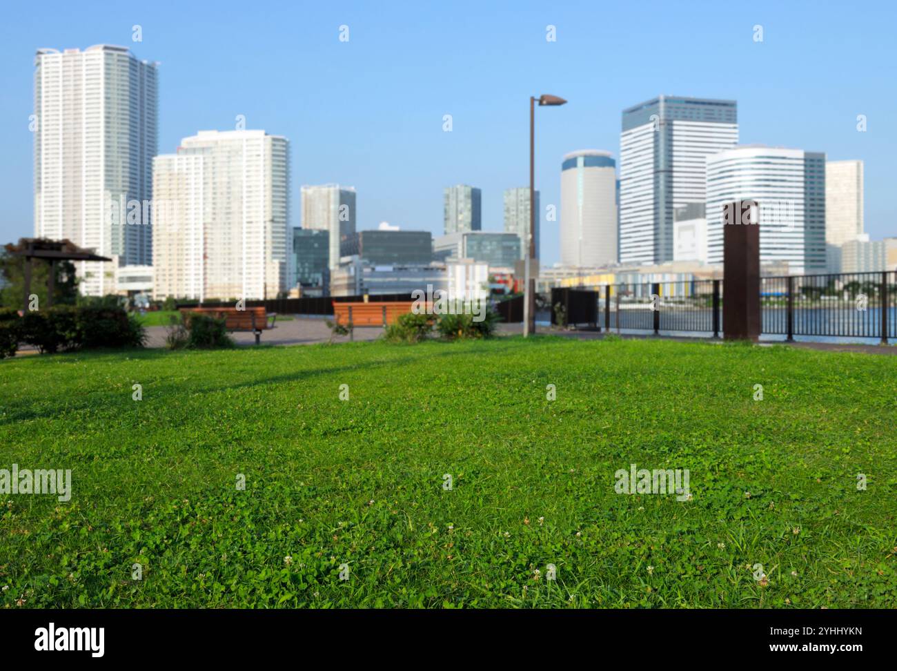 Park's grassy square and high-rise tower blocks Stock Photo - Alamy