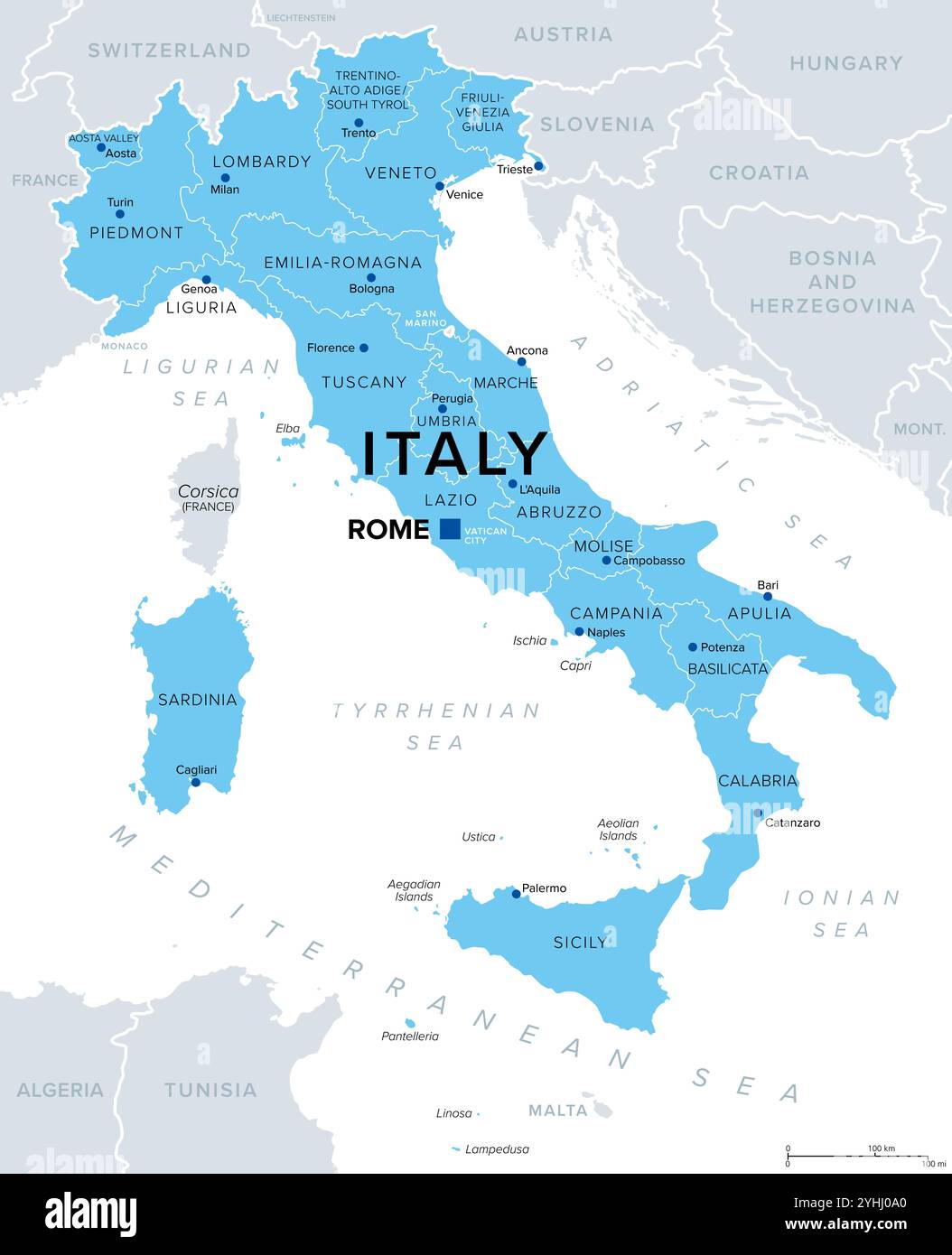 The twenty regions of Italy, a country in Europe, political map. First ...