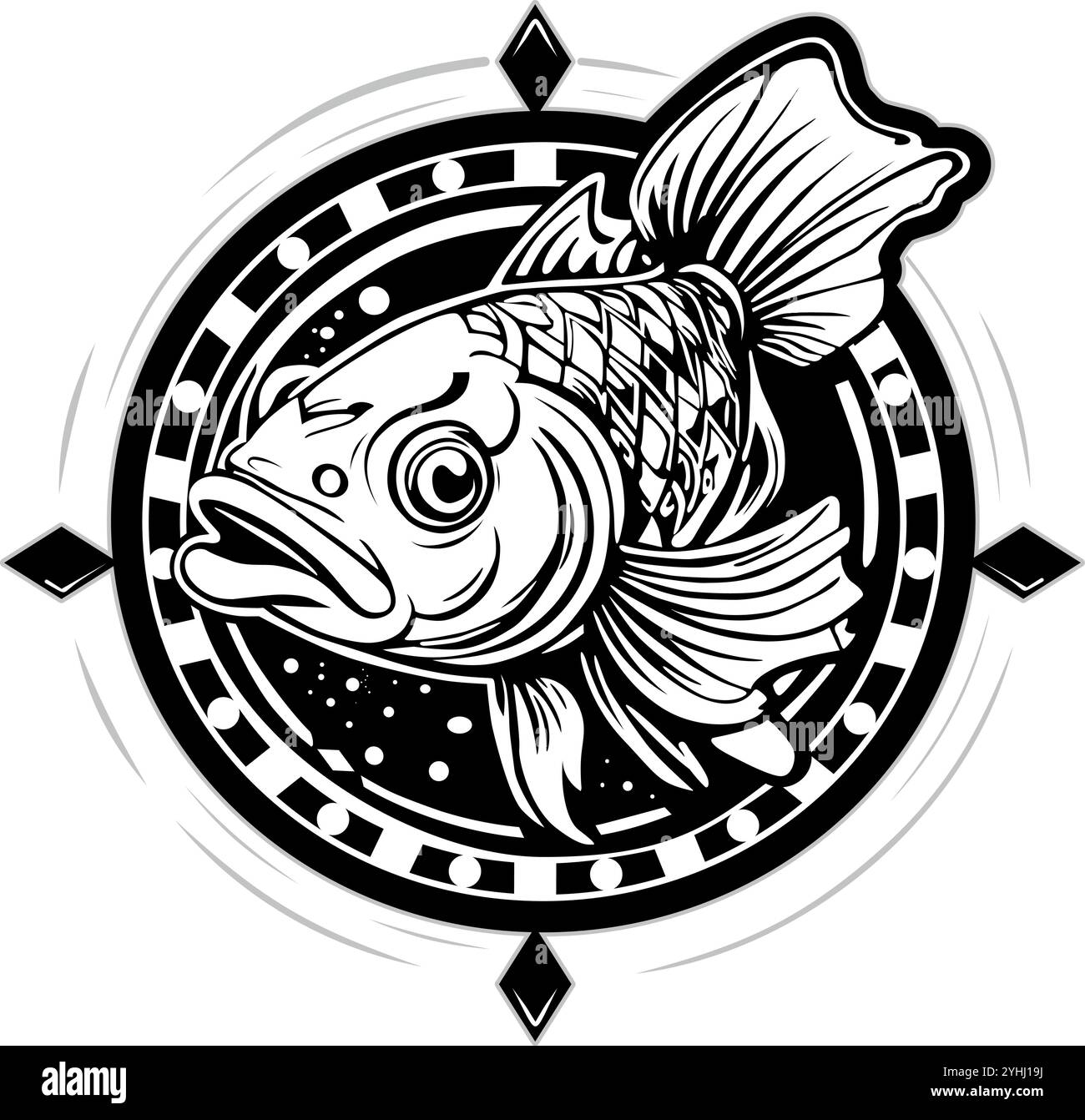 Black and white illustration of a fish inside a circle Stock Vector ...