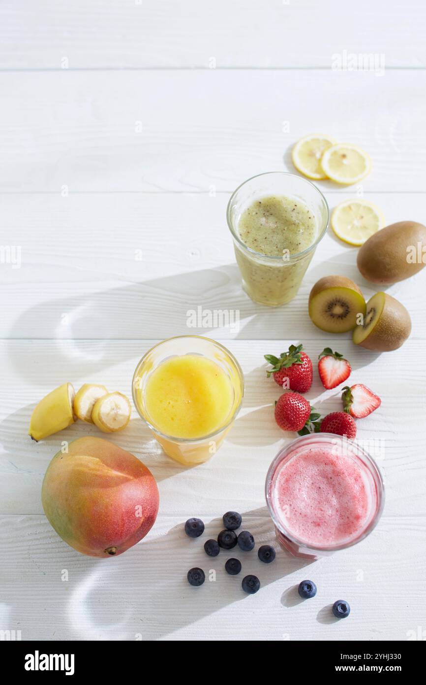 3 types of smoothies and fruit Stock Photo - Alamy