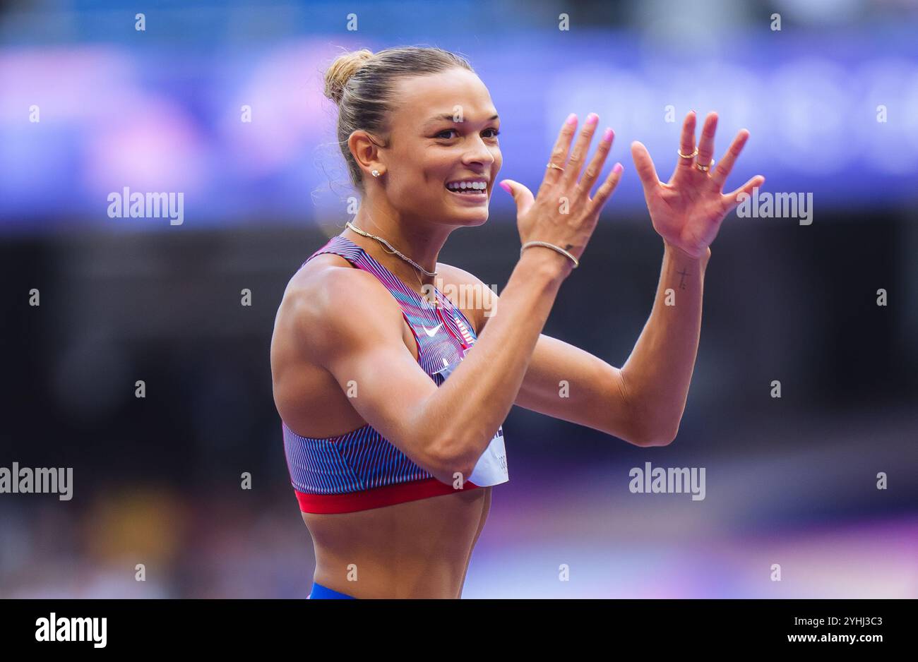 Anna Hall participating in the high jump at the Paris 2024 Olympic ...