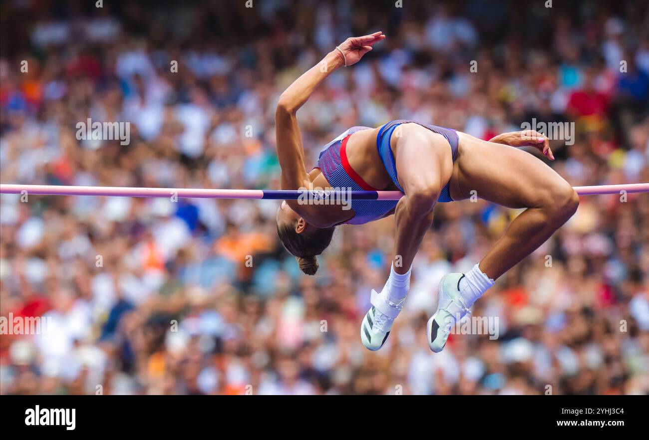 Anna Hall participating in the high jump at the Paris 2024 Olympic ...
