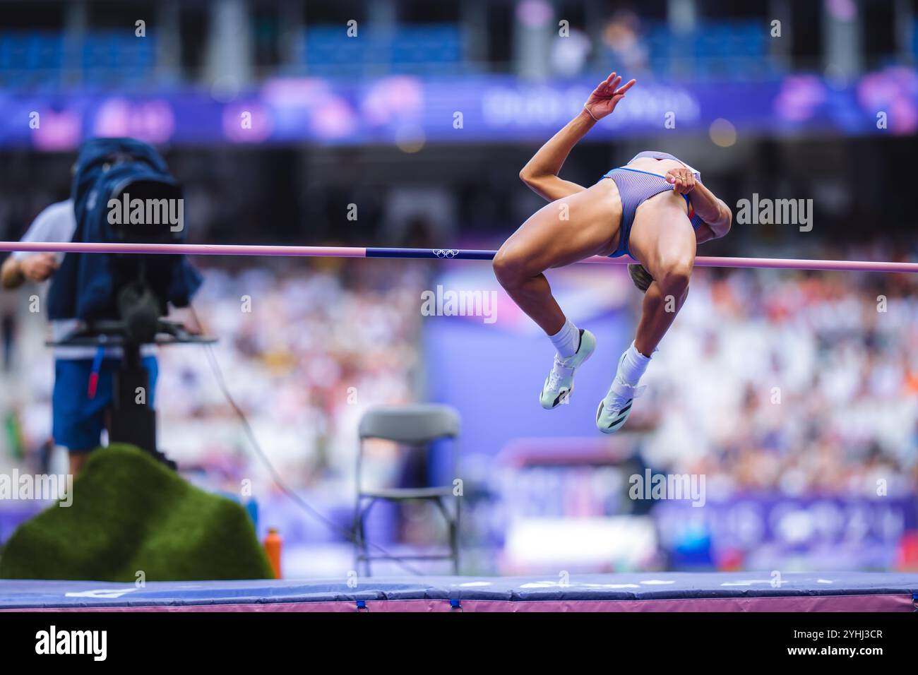 Anna Hall participating in the high jump at the Paris 2024 Olympic ...