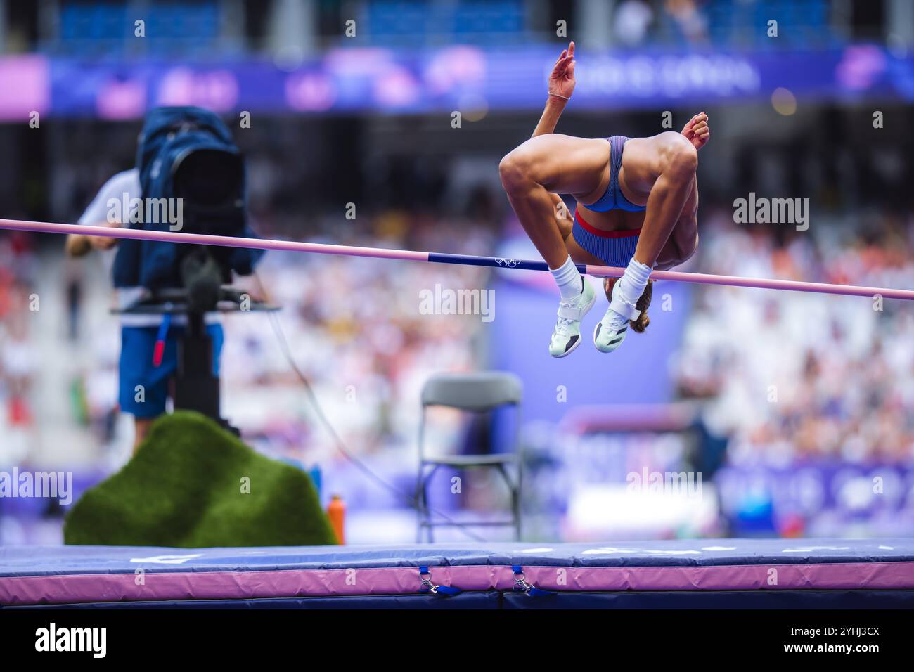 Anna Hall participating in the high jump at the Paris 2024 Olympic ...