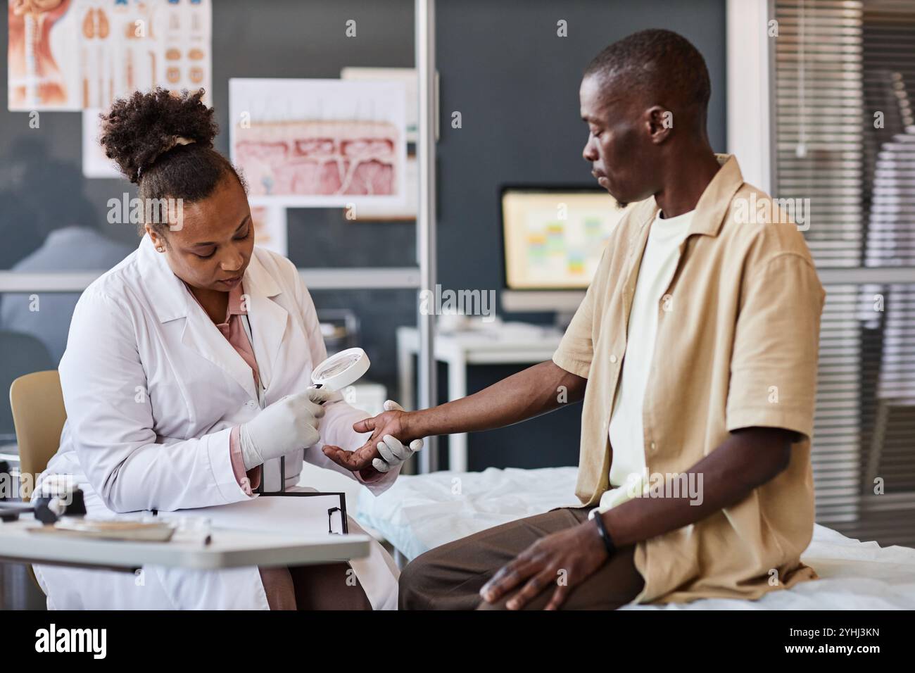 Side view medical scene with female dermatologist examining patient ...