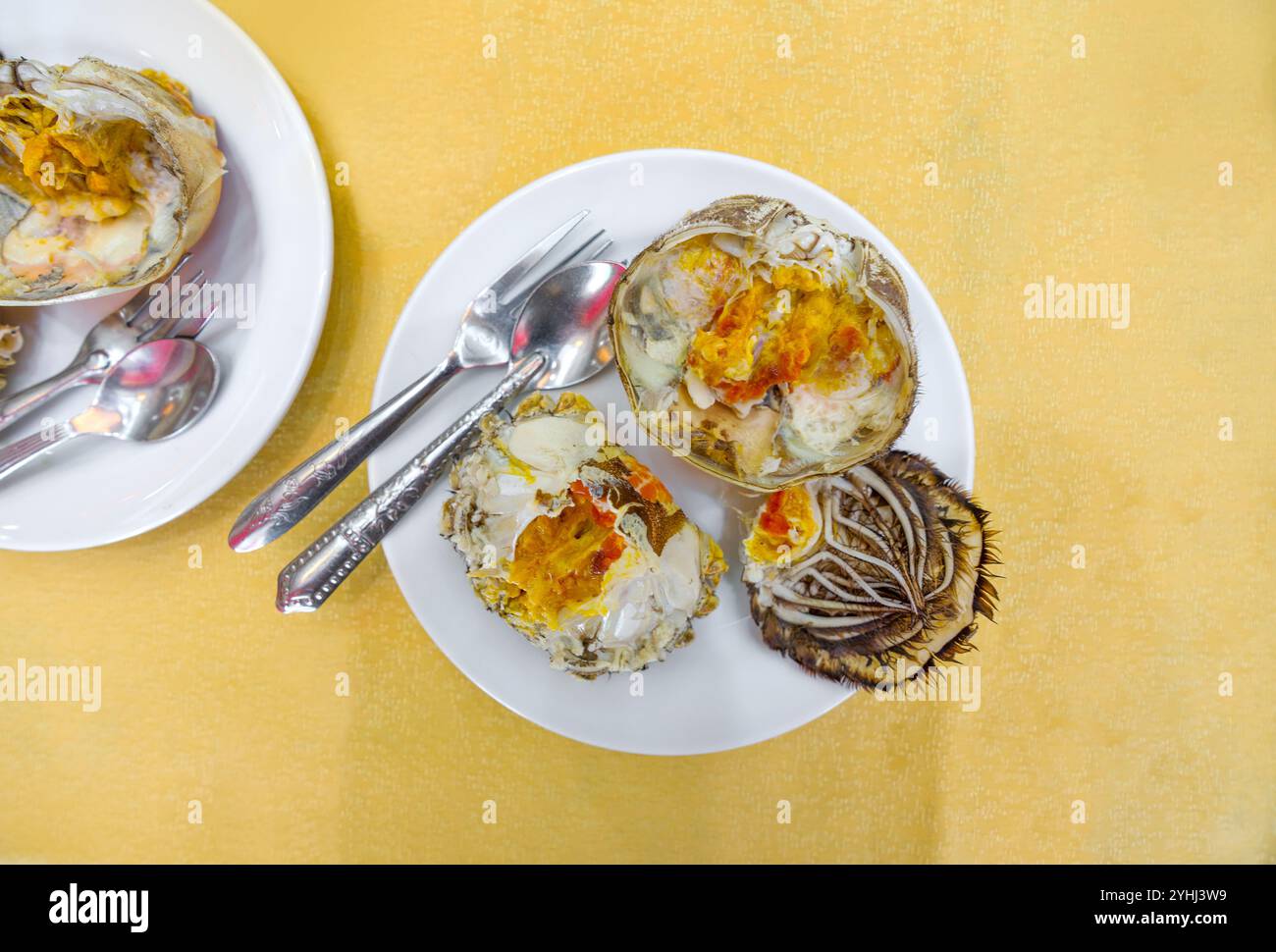 Steamed female crab with the roe inside served on white plate in the ...