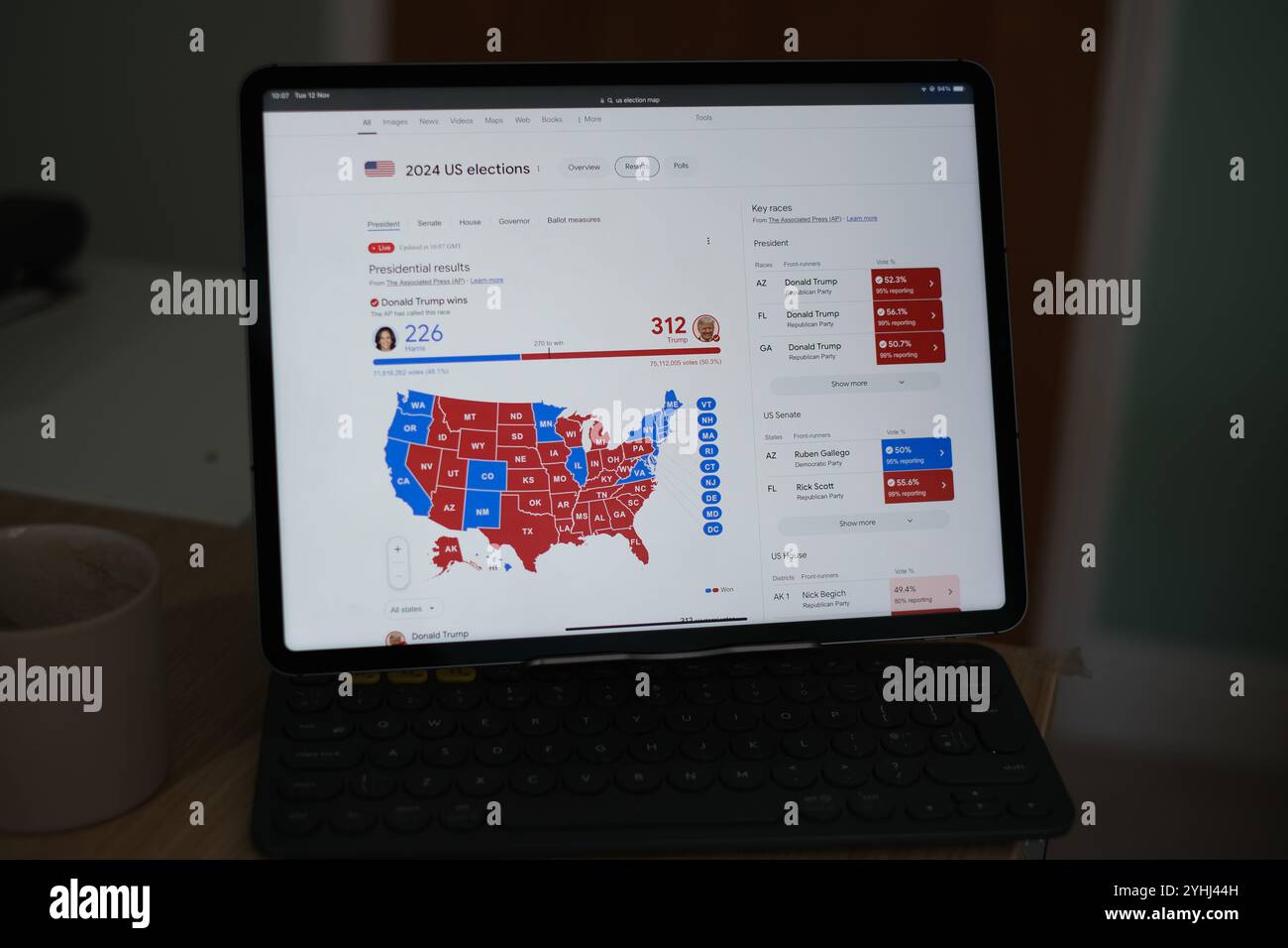 New York, USA - 9 Nov 2024 - The final 2024 US Election results map, showing the results by ...