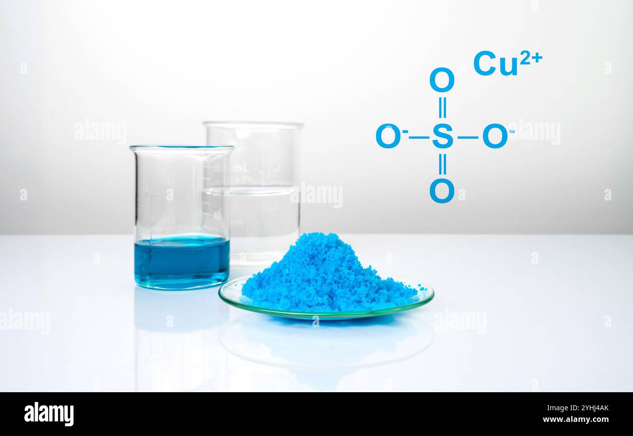 Copper(II) sulfate with molecular structure. Chemical ingredient used in medical and public ...
