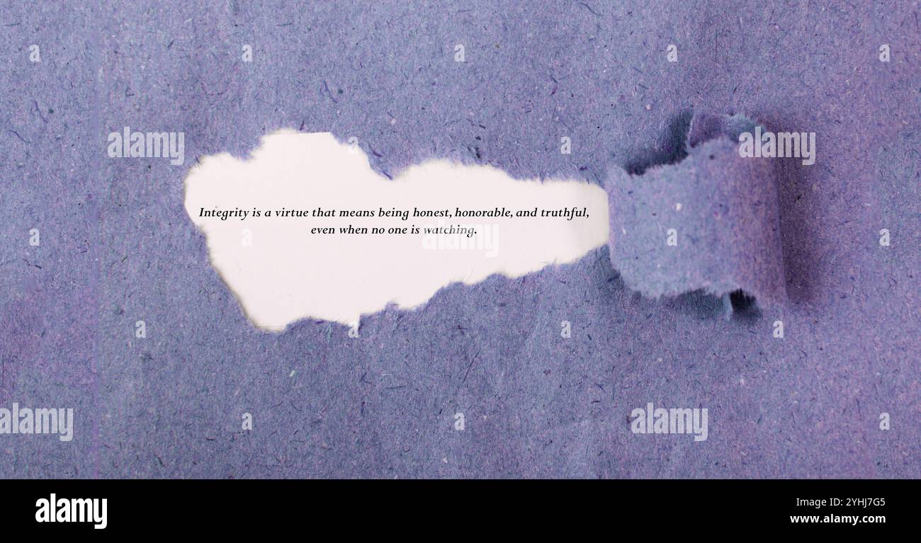 Message on integrity written on ripped Torn paper with white and Purple background Stock Photo ...