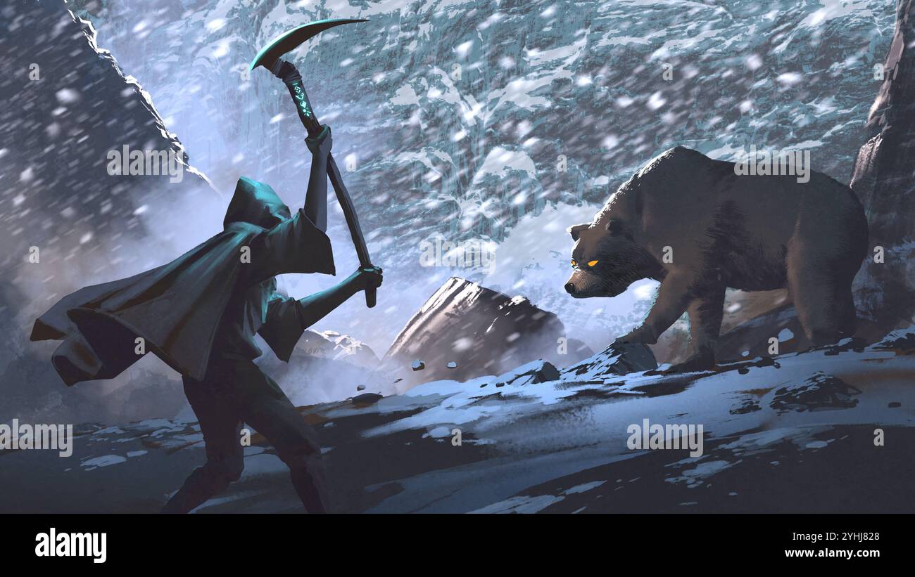 A hooded man holding an axe faces off against a large bear in a snowy ...