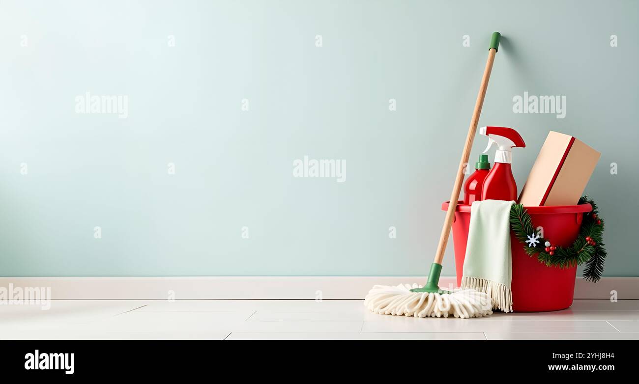 Christmas banner for cleaning services. Buckets, mop, cleaning supplies ...
