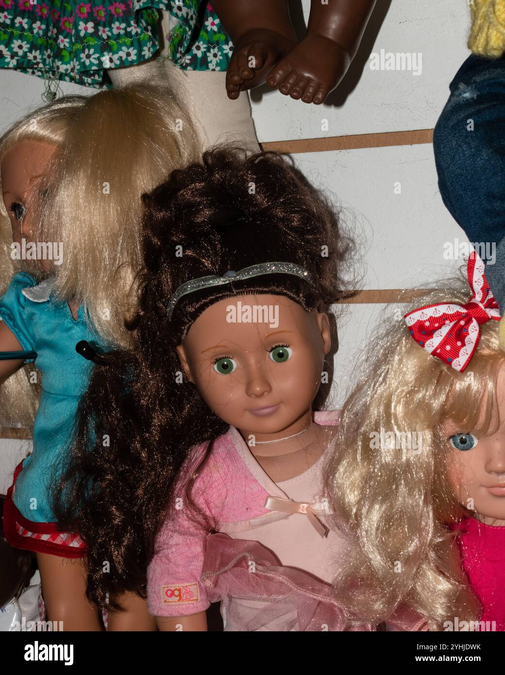 Pretty retro dolls displayed in the store, vintage doll with pink dress ...