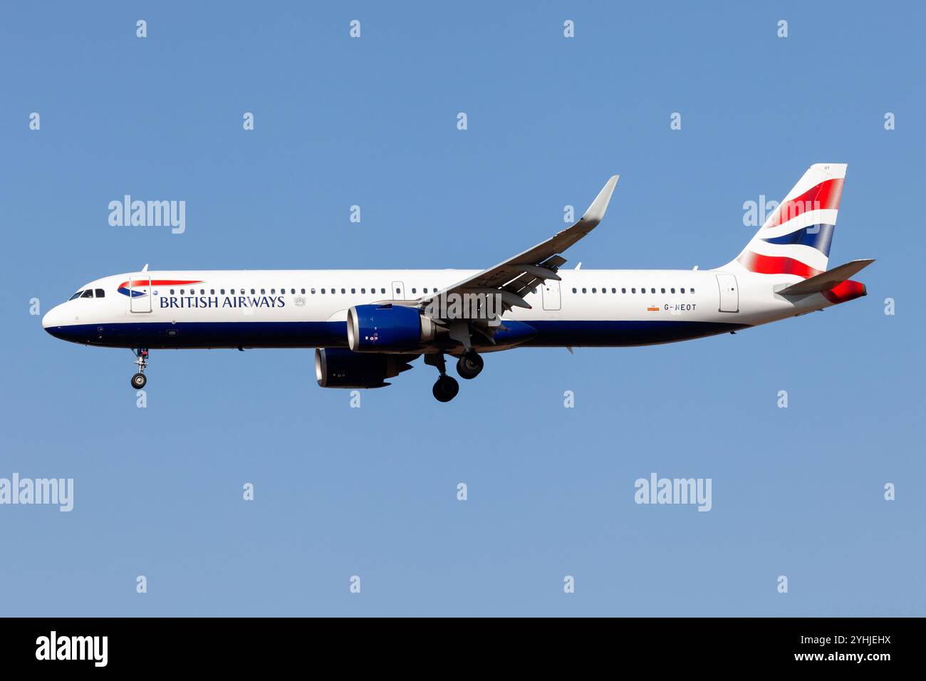 A British Airways Airbus 321 NEO landing at Rome Fiumicino airport. The British Airways Airbus ...