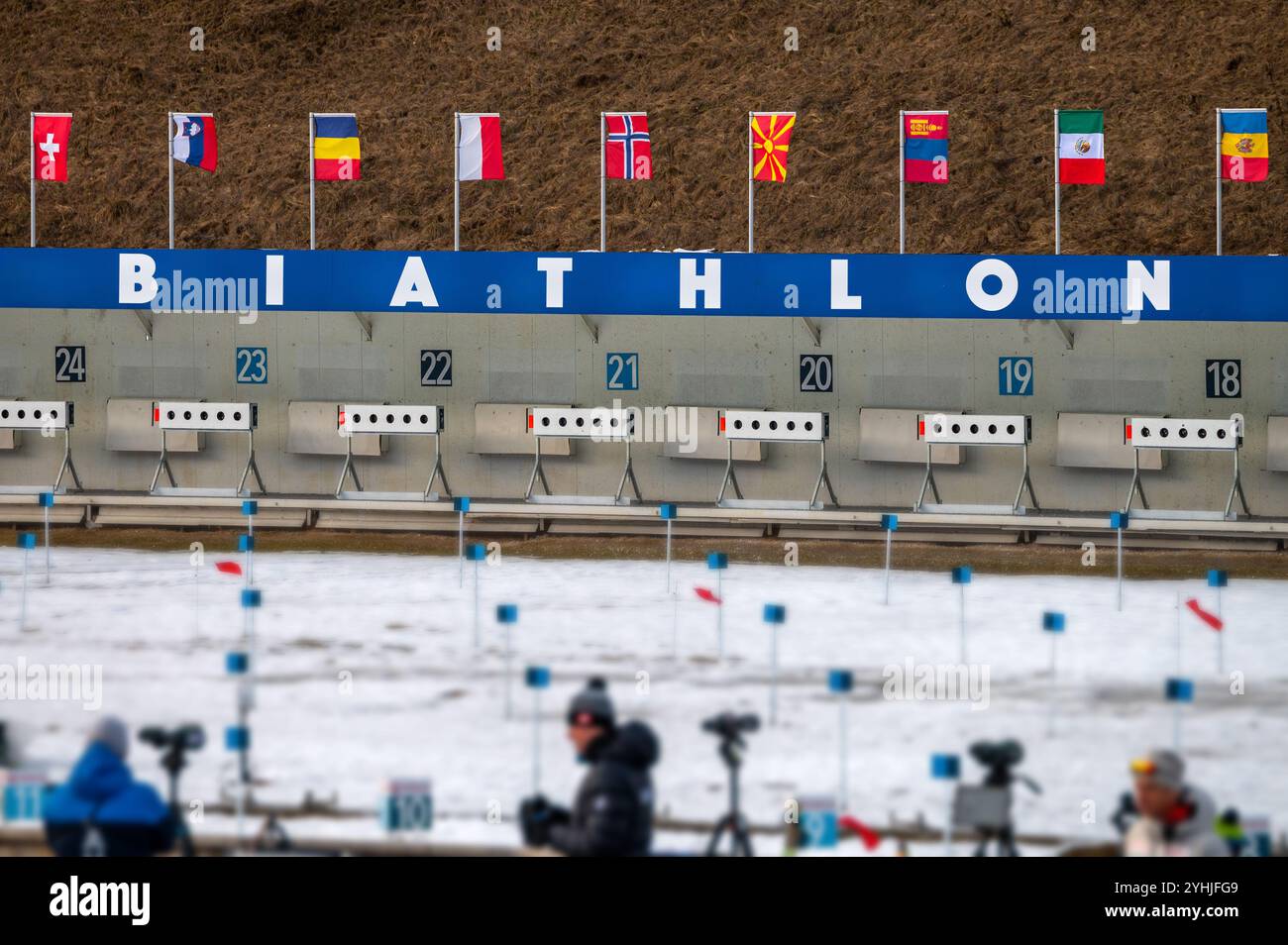 Shooting range at the biathlon area during international biathlon ...