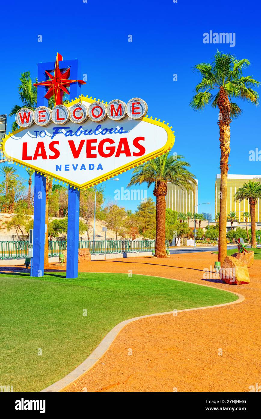 Famous Las Vegas sign on bright sunny day at the entrance to the Strip ...