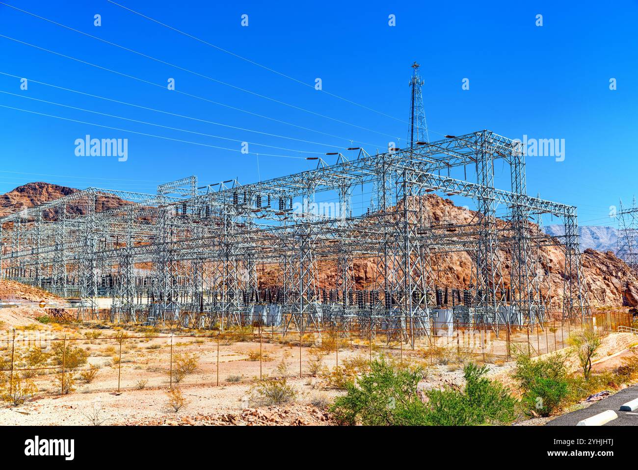 Substation and Power Transmission Lines in american desert. USA Stock ...