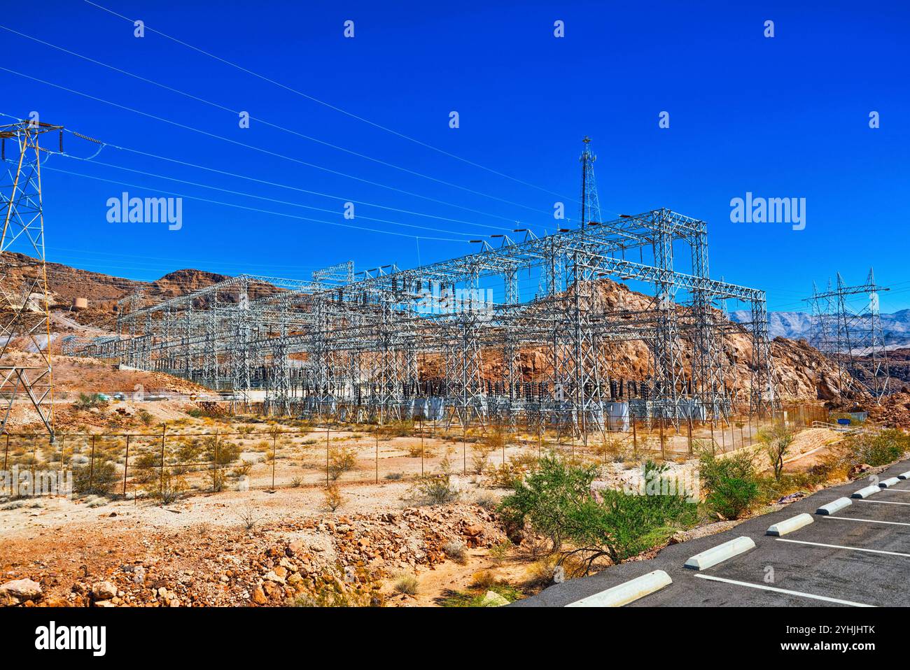 Substation and Power Transmission Lines in american desert. USA Stock ...