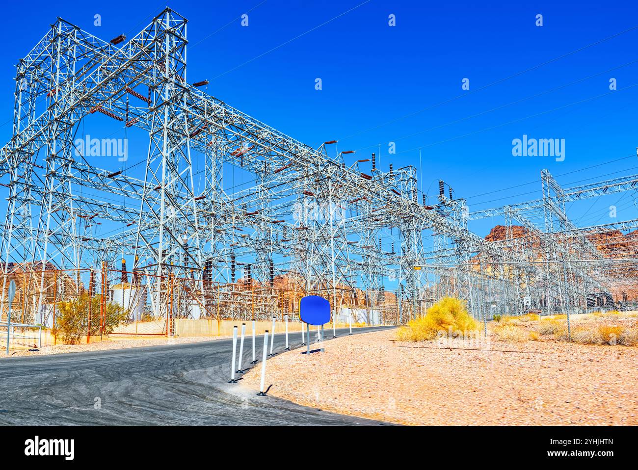 Substation and Power Transmission Lines in american desert. USA Stock ...