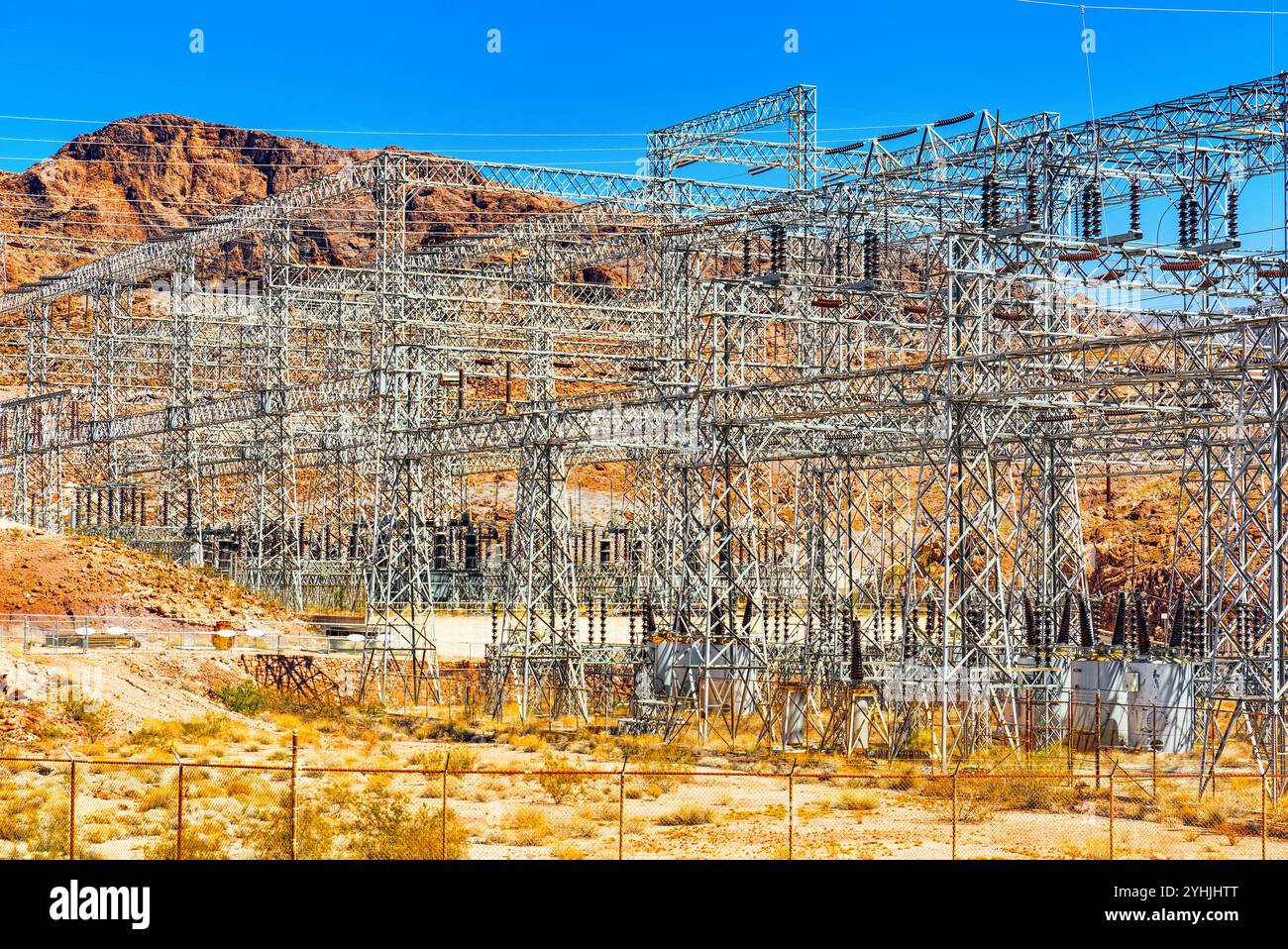 Substation and Power Transmission Lines in american desert. USA Stock ...