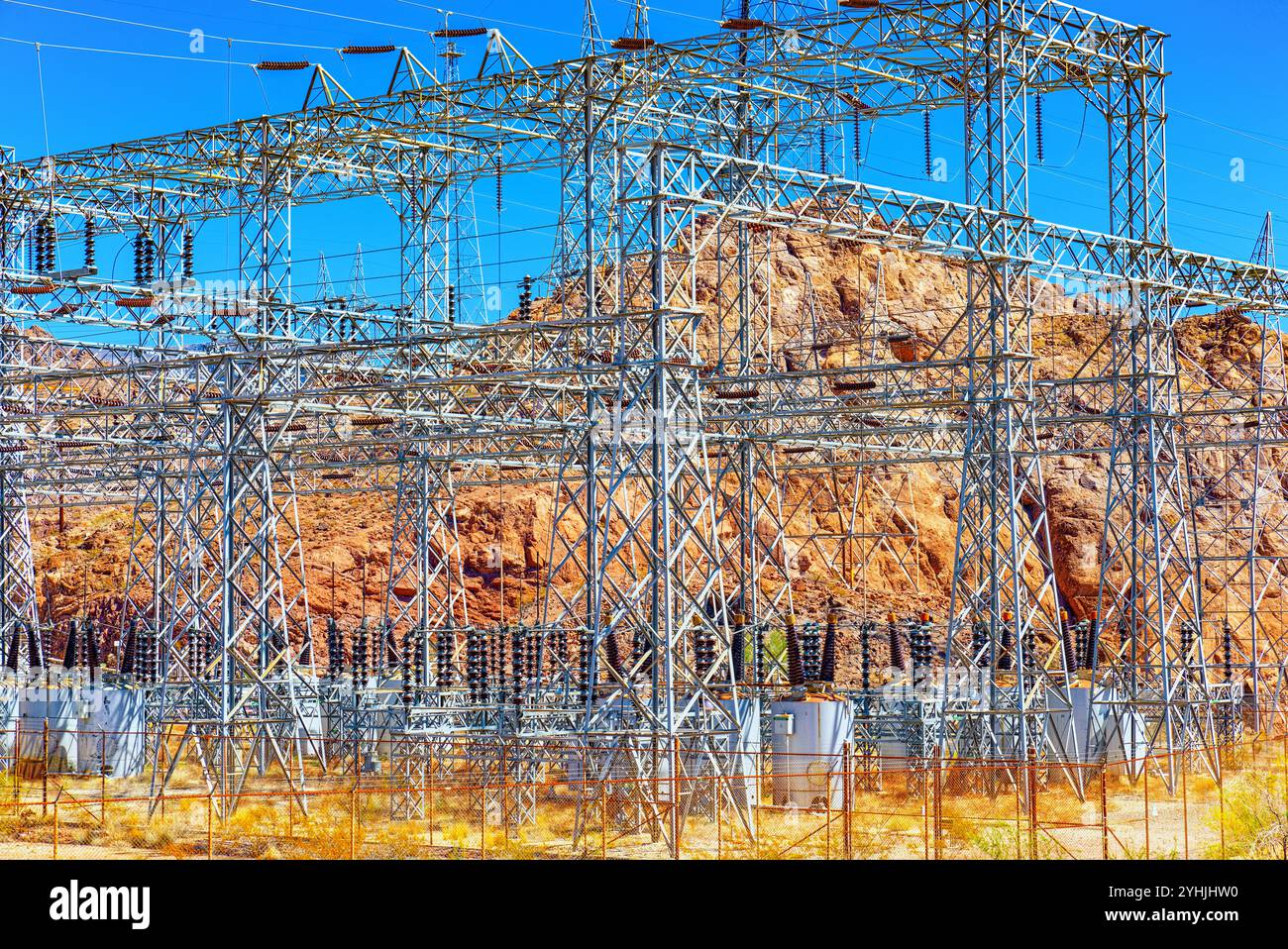 Substation and Power Transmission Lines in american desert. USA Stock ...
