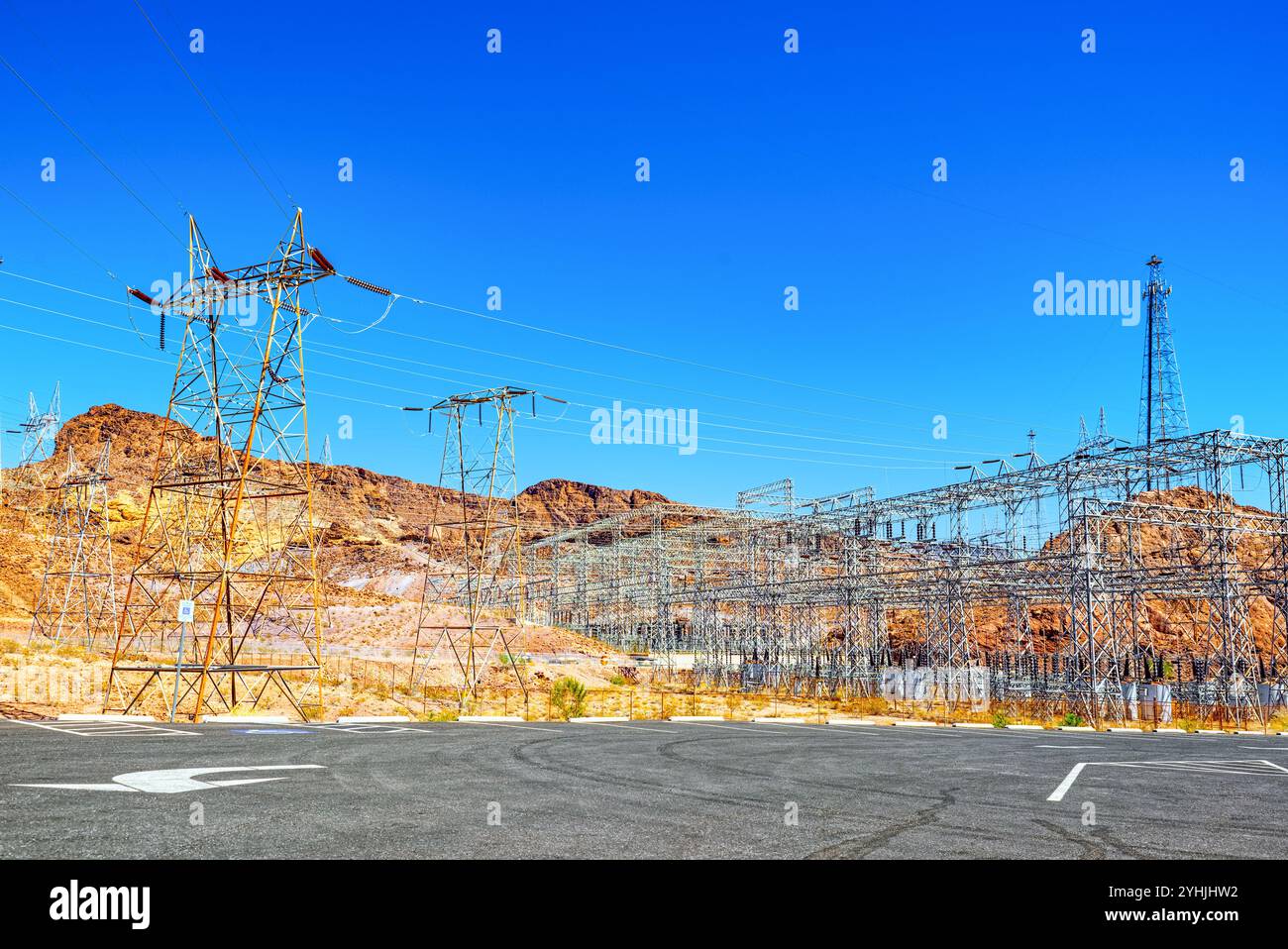 Substation and Power Transmission Lines in american desert. USA Stock ...