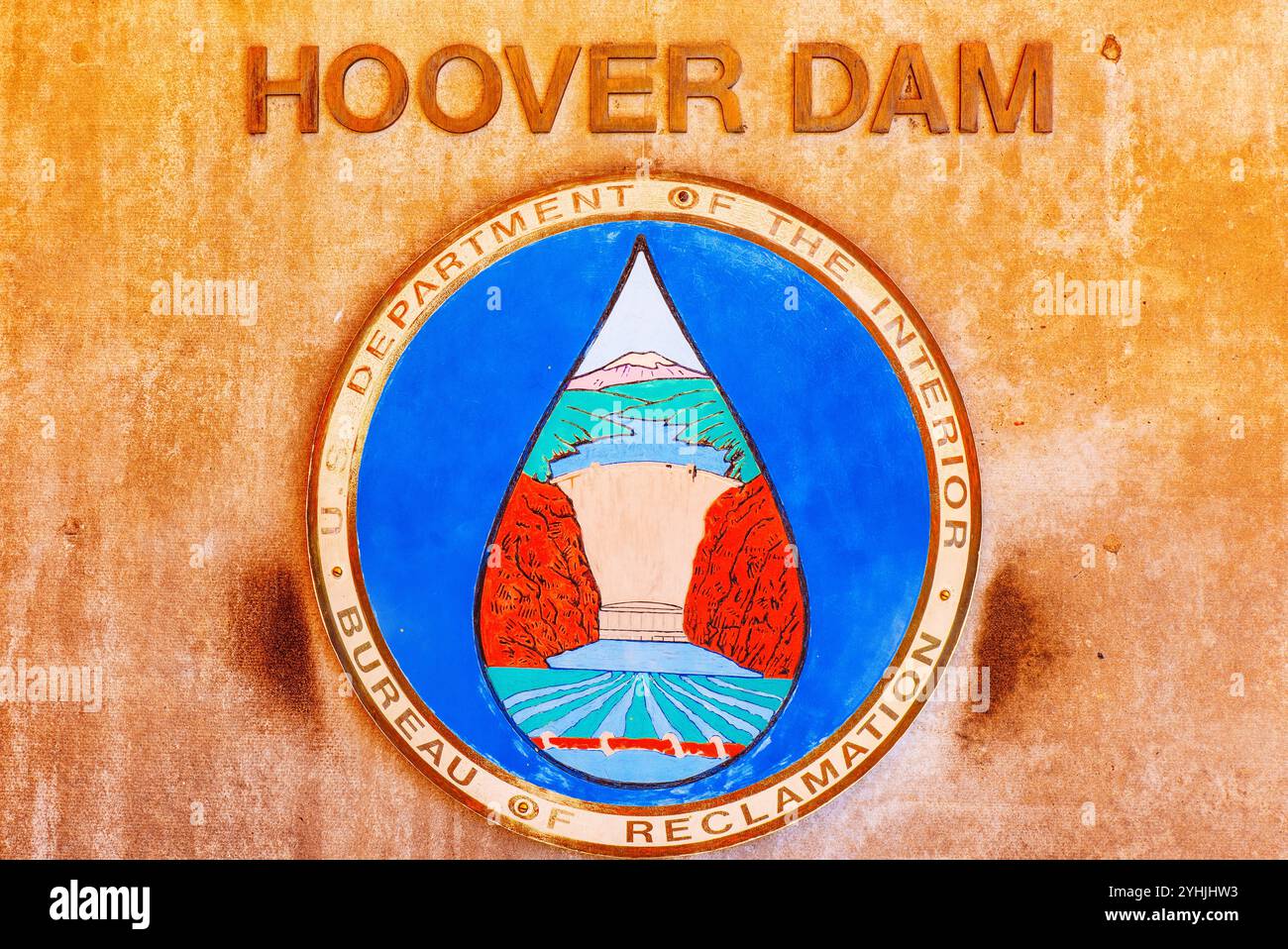 Famous and amazing Hoover Dam. A sign on the wall of the Hoover Dam ...
