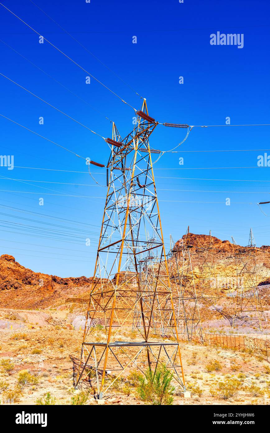 Substation and Power Transmission Lines in american desert. USA Stock ...